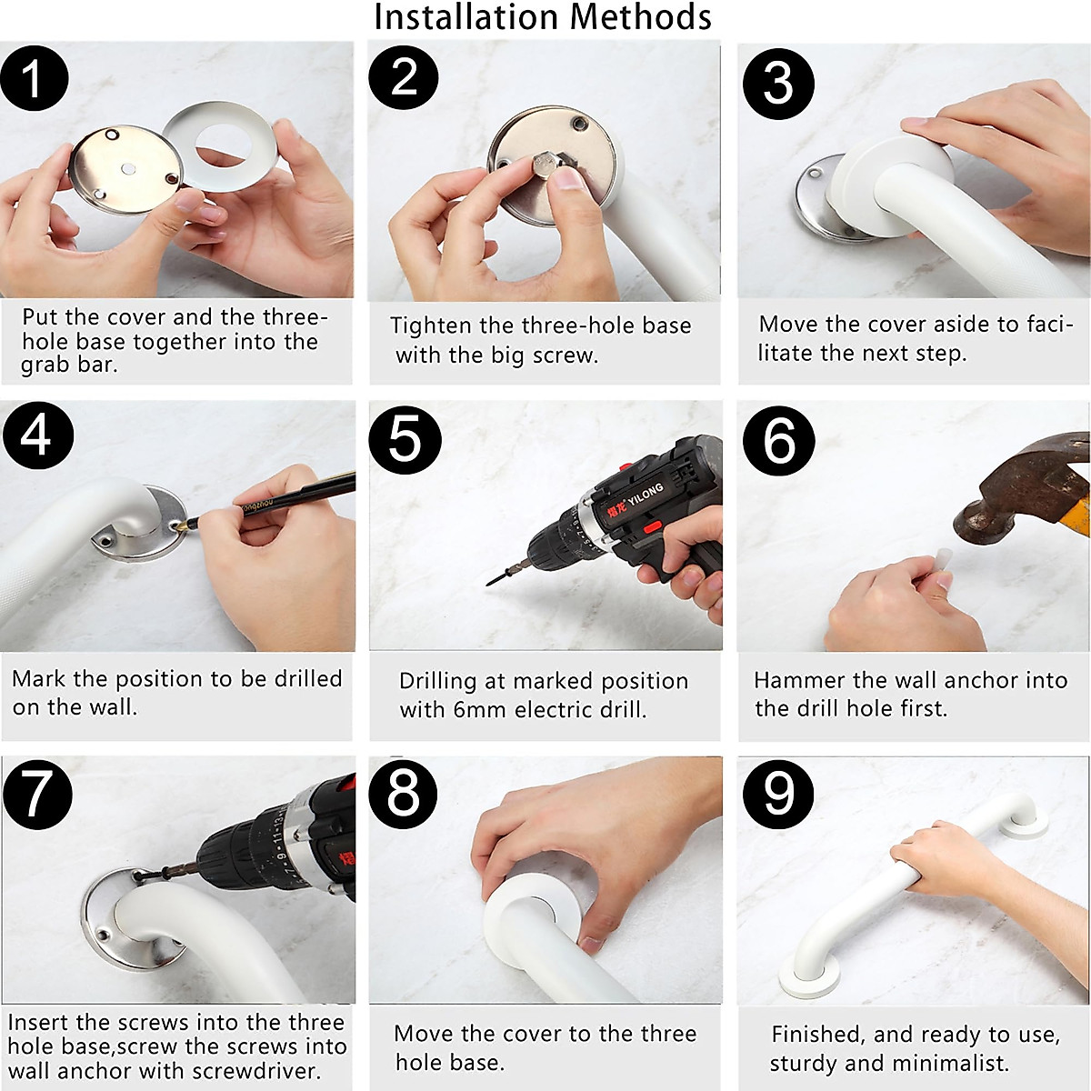 Rackickyer Shower Grab Bar, 2 Pack 12 Inch White Bathroom Grab Bar, 1.25" Diameter 304 Stainless Steel Anti-Slip Grab Bars for Bathtubs and Showers, Handicap Shower Grab Bar for Seniors Elderly