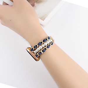REALSIGN Pearl Beaded Bracelet Compatible with Apple Watch Band 42/44/45/46/49mm,Stylish Wristband Metal Cuban Chain Denim Cloth Cute Strap for iWatch Series 10 9 8 7 6 5 4 3 2 1 SE Ultra Women(42/44/45MM,Gold+Denim Blue)