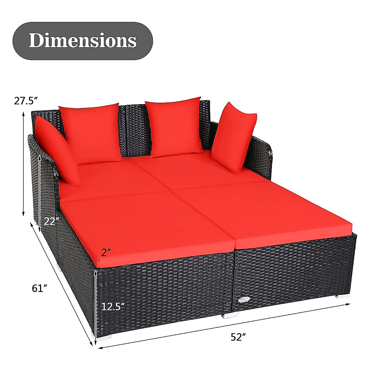 Salches, Outdoor Rattan Daybed, Patio Loveseat Sofa Set w/Comfortable Cushions, Extra Pillows & Metal Foot, Sunbed Wicker Furniture for Yard/Poolside/Living Room/Garden/Porch, Red