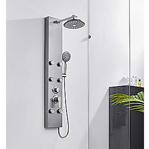 ROVOGO 304 Stainless Steel Shower Panels System with 8-inch Rainfall Shower, 6 Body Jets and 5-Setting Handheld Shower Wand, Shower Tower with Adjustable Head, Stainless Steel Brushed