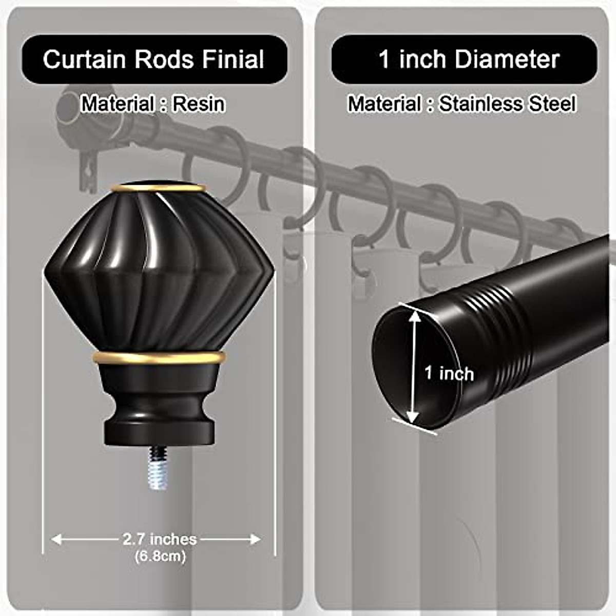 Box Space Curtain Rods for Windows 48 to 84 inches, 1 inch Diameter Adjustable Length Black Curtain Rod for Bedroom Living Room Decorative Curtain Rod Set with Brackets