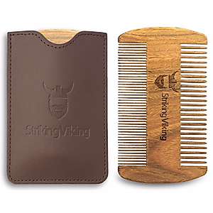 Striking Viking Sandalwood Beard Comb & Case - Pocket-Sized Grooming Tool with Fine & Coarse Teeth, Perfect for Use with Balms & Oils