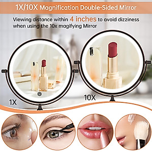 Rechargeable Wall Mounted Lighted Makeup Vanity Mirror 8 Inch Double Sided 1X 10X Magnifying Bathroom Mirror, 3 Color Lighting, Touch Dimming, Extended Arm 360 Rotation Light up Mirror Antique Bronze