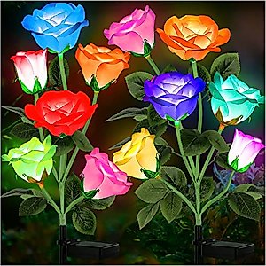 MOLAIER Solar Garden Lights, Solar Lights Outdoor 7 Color Changing Rose Lights Waterproof Outdoor Lights Solar Powered with Flowers, Garden Decor for Patio Yard Pathway, (2 Pack, Blue and Pink)