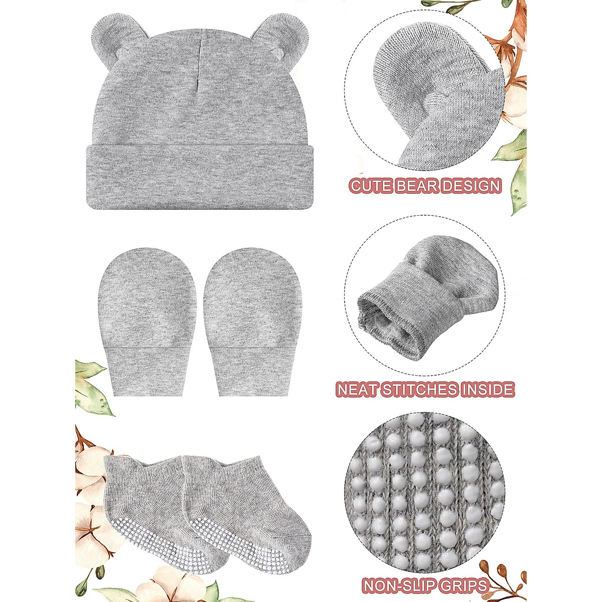 Geyoga Newborn Baby Hat Bear Ears Mittens and Socks Set for 0-6 Month(Multicolor,6 Set)