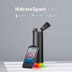 Hidrate Spark PRO Smart Water Bottle – Tracks Water Intake with Bluetooth, LED Glow Reminder When You Need to Drink – Chug Lid, 21oz, Black