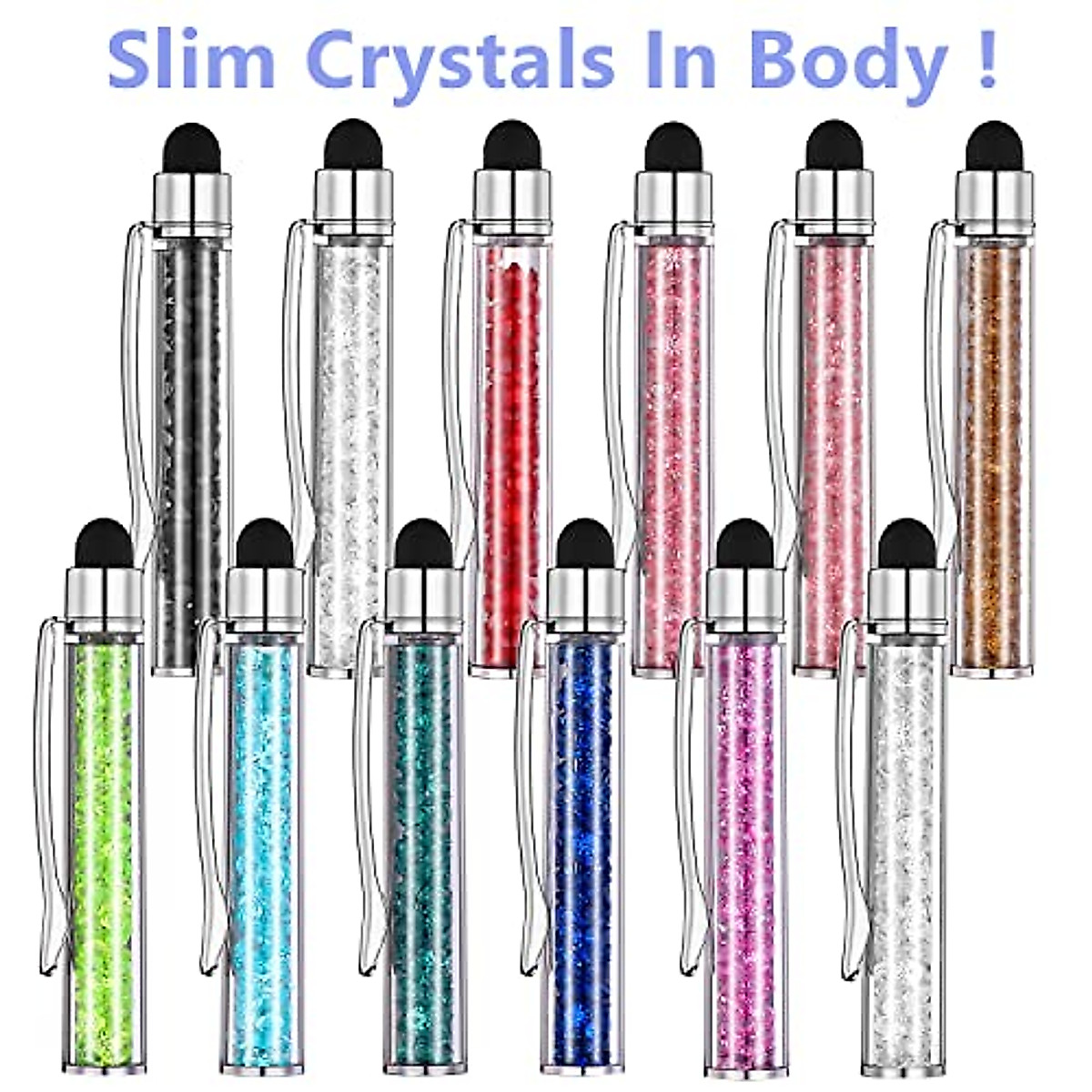 MengRan Cute Pens Bling Bling 2-in-1 Slim Crystal Diamond Stylus Pens and Black Ink Ballpoint Pens (12 colors)