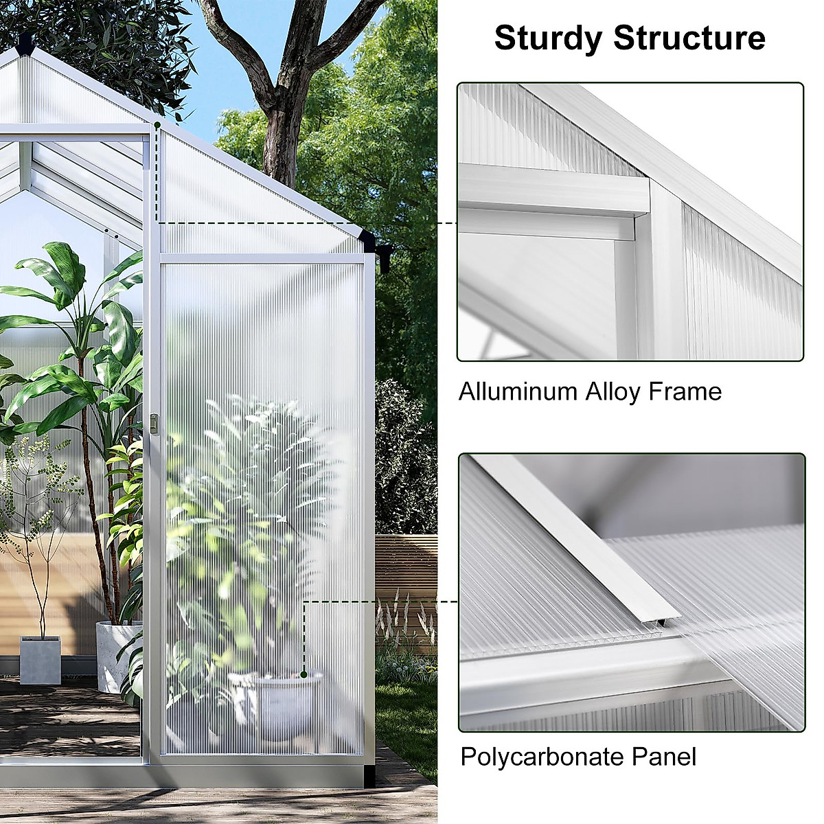 6x8 FT Greenhouse for Outdoors, Polycarbonate Greenhouse with Quick Setup Structure and Roof Vent, Aluminum Large Walk-in Greenhouse for Outside Garden Backyard, Silver