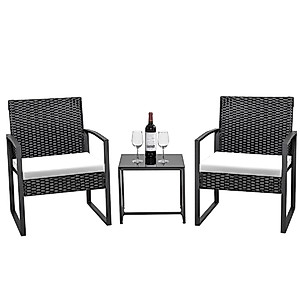 Homall Balcony 3 Piece Furniture Table Garden Backyard Outdoor Patio Use Porch Chairs Cushioned PE Wicker Bistro Set Rattan (White)