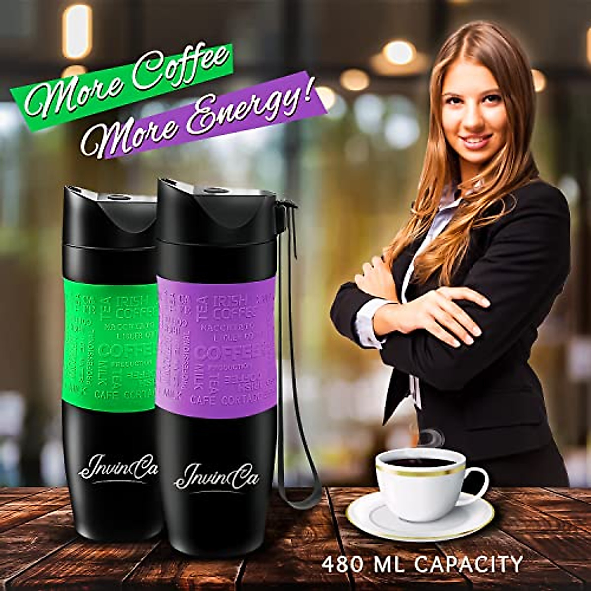 INVINCEA ONE-CLICK Travel Mug: Thermal Vacuum-Insulated Coffee Mug, Double-Wall Stainless Steel Durable Mug with a Leak Proof Lid for your Daily Hot/Cold/Ice Drinks; 16-oz Metal Cups. Black/Violet