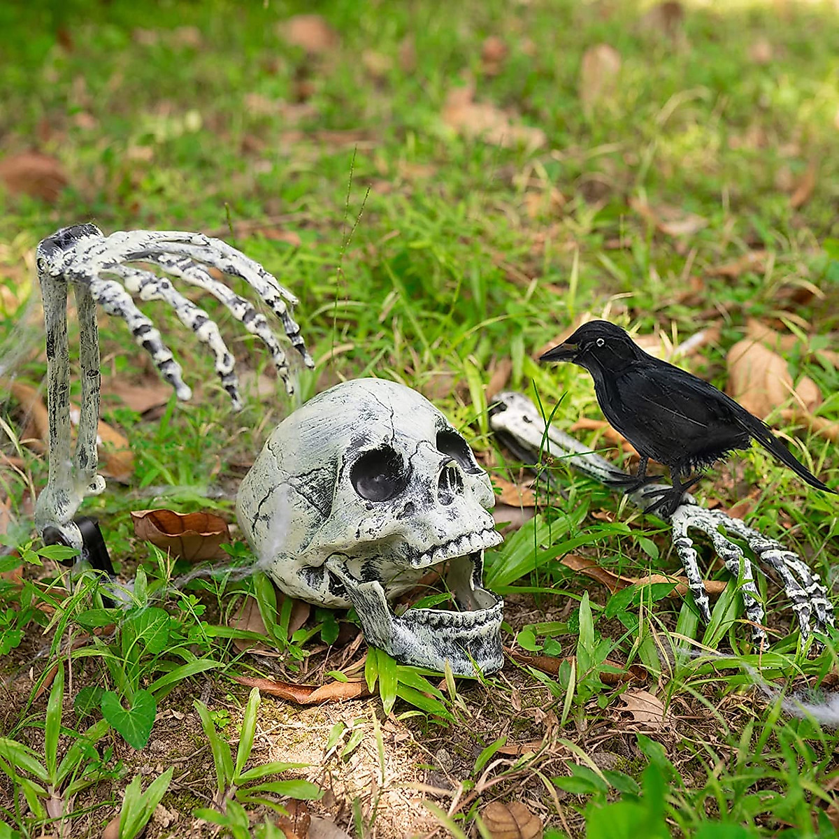 Skeleton Stakes with Crows - Scary Outdoor Halloween Yard Lawn Decorations, Groundbreakers for Skull Garden Graveyard Decor