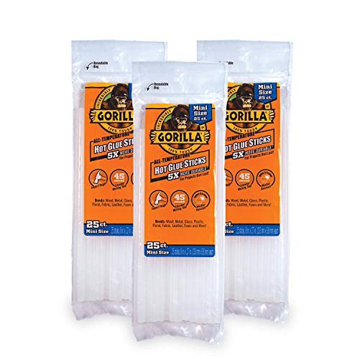 Gorilla Hot Glue Sticks, Mini Size, 8" Long x .27" Diameter, 25 Count, Clear, (Pack of 3)