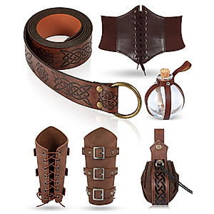 ramede 6 Pcs Women Renaissance Accessories Medieval Leaf Leather Belt Pouch Viking Corset Belt Potion Bottle Leaf Arm Guards(Fit Waist Size 25''-29'',Medieval Style,Brown)