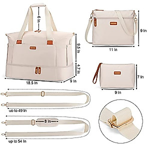 BAGODI Gym Bag for Women, Weekender Overnight Bag with USB Charging Port, Sport Travel Duffel Bag with Wet Pocket & Shoe Compartment, Carry on Tote Bag for Travel/Gym/School 5 Pcs Set, creamy-white