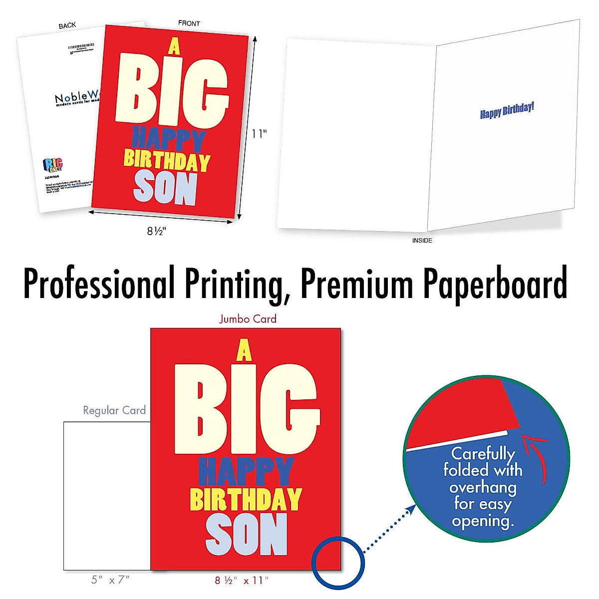 NobleWorks - 1 Large Birthday Greeting Card (8.5 x 11 Inch) - Fun Bday Celebration, Stationery Notecard - Big HB Son J6349BDG