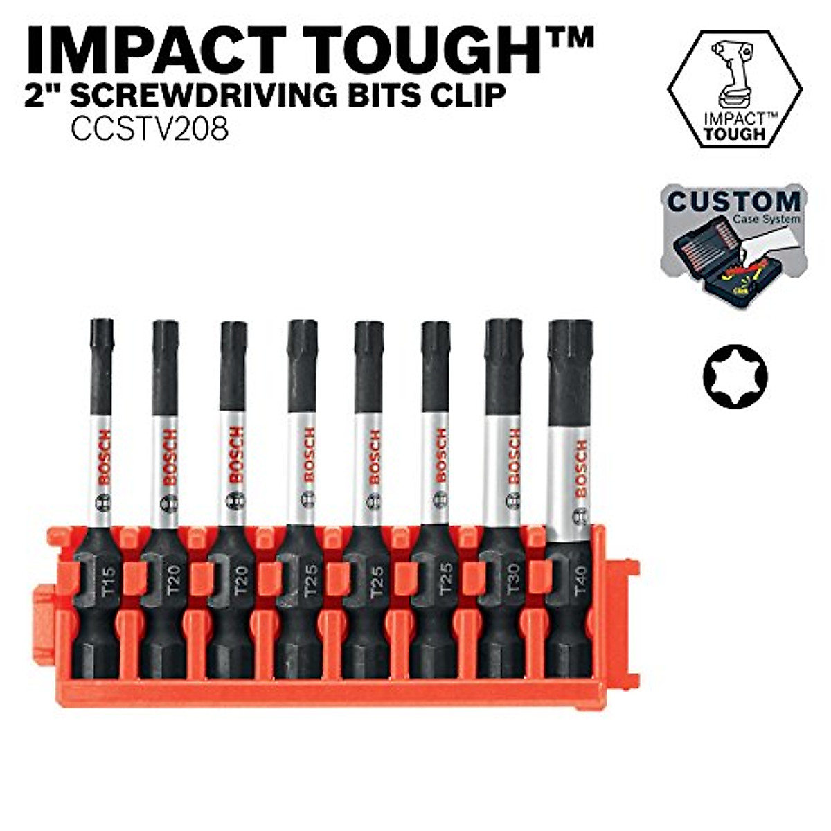 BOSCH CCSTV208 8-Piece Assorted Set 2 In. Impact Tough Torx Power Bits with Clip for Custom Case System