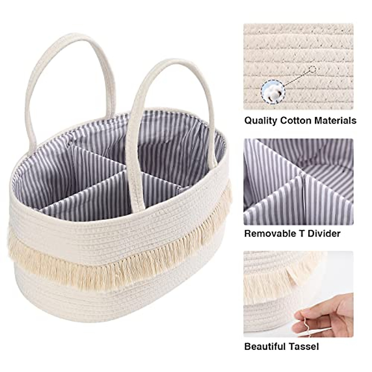 MBJERRY Baby Rope Diaper Caddy Organizer - Nursery Storage Bin Canvas Portable Diaper Storage Basket with Removable Inserts for Changing Table &Car, Newborn Baby Shower Basket