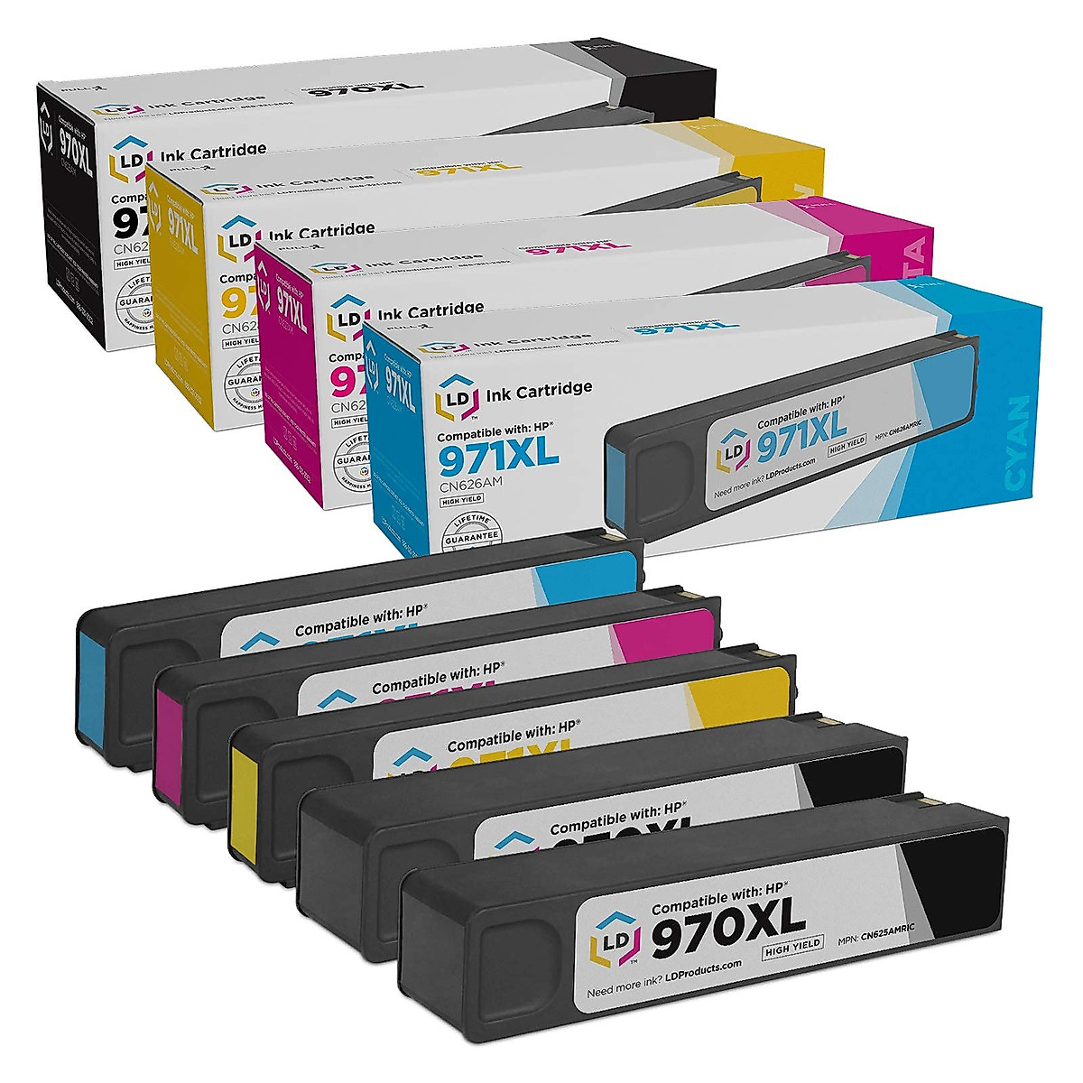 LD Remanufactured Ink Cartridge Replacements for HP 970XL & HP 971XL High Yield (2 Black, 1 Cyan, 1 Magenta, 1 Yellow, 5-Pack)