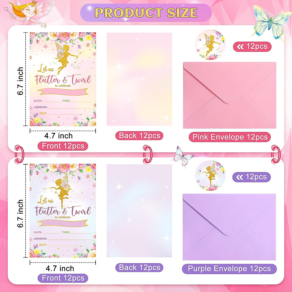 Chuangdi 24 Piece Flower Fairy Birthday Party Invitation Set with Envelope and Stickers