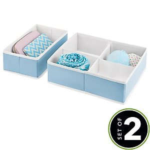 mDesign Soft Fabric Polka Dot Dresser Drawer and Closet Storage Organizer Bin for Child/Kids Room, Nursery, Playroom - Divided 5 Section Tray, Set of 2 - Light Blue/White