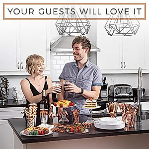 SIRSIMON 250 Piece Disposable Rose Gold Plastic Dinnerware Set - 50 Rose Gold Plastic Plates - 25 Rose Gold Plastic Silverware - 25 RoseGold Cups and Straws - 50 Fancy Napkins, Wedding or Party of 25