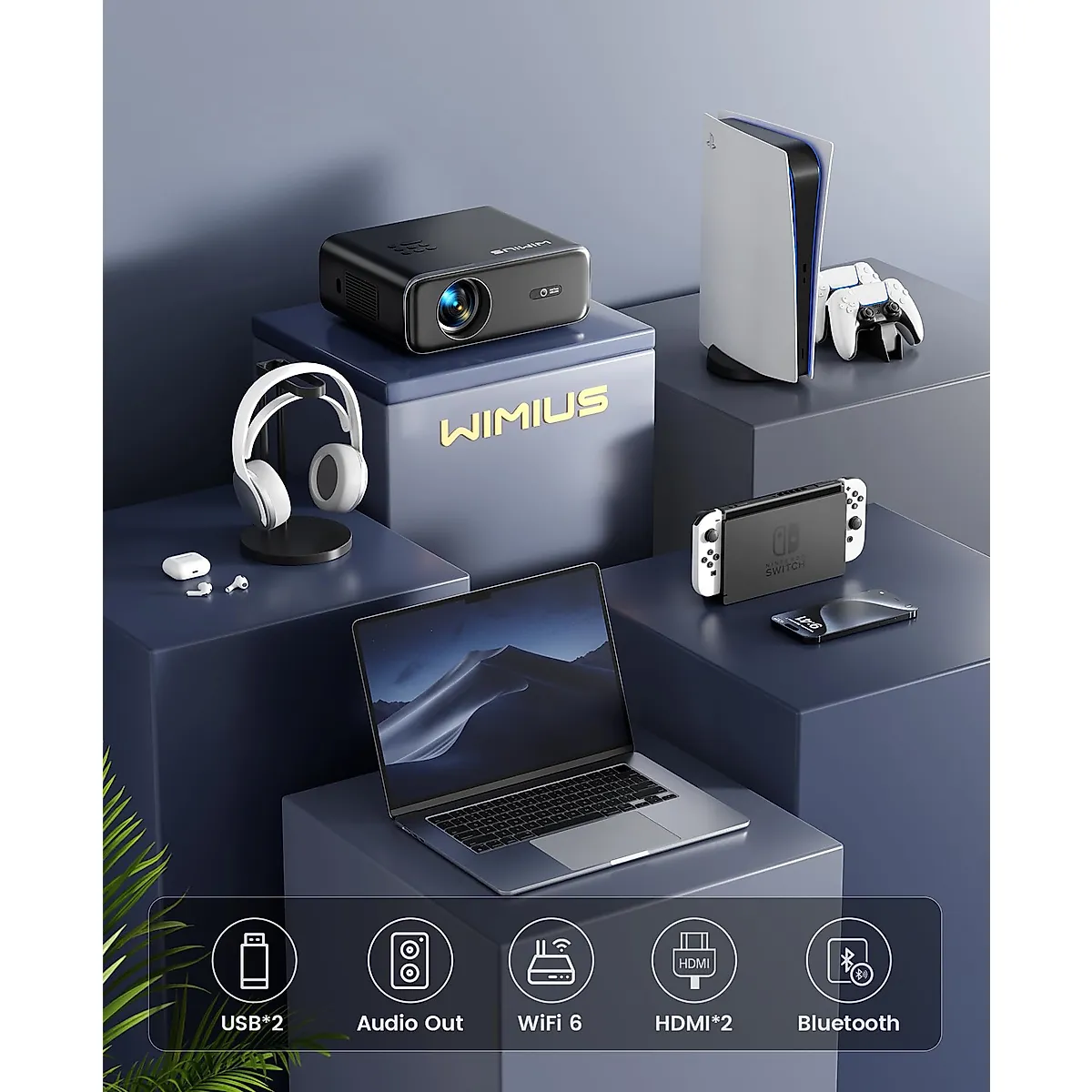 [Auto Focus] Projector with WiFi 6 and Bluetooth 5.2, 480 ANSI Projector 4K, WiMiUS P62 Native 1080P Outdoor Movie Projector, Auto 6D Keystone & 50% Zoom, Smart Home Projector for Phone/PC/TV Stick