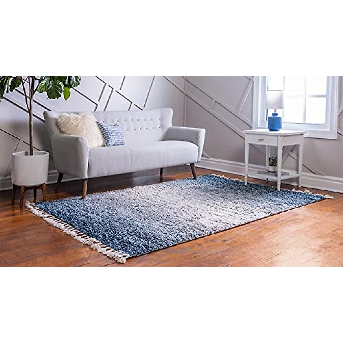 Unique Loom Hygge Shag Collection Modern Moroccan Inspired, Plush & Cozy Area Rug, 4 ft x 6 ft, Blue/Ivory