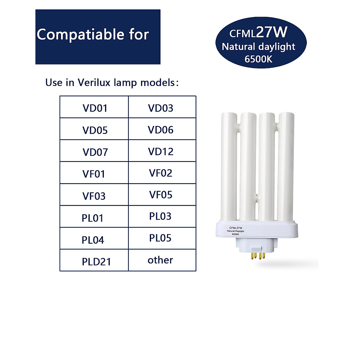 Valoisa CFML27VLX Natural Daylight Spectrum Fluorescent Light Bulb,Replacement for VERILUX CFML27VLX,6500K