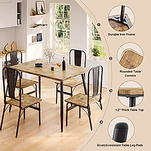 Gizoon 5-Piece Kitchen Table and Chairs for 4 with 1.2" Thick Board, 46" Home Dining Table Set for 4 for Small Space, Apt, Heavy-Duty, Retro