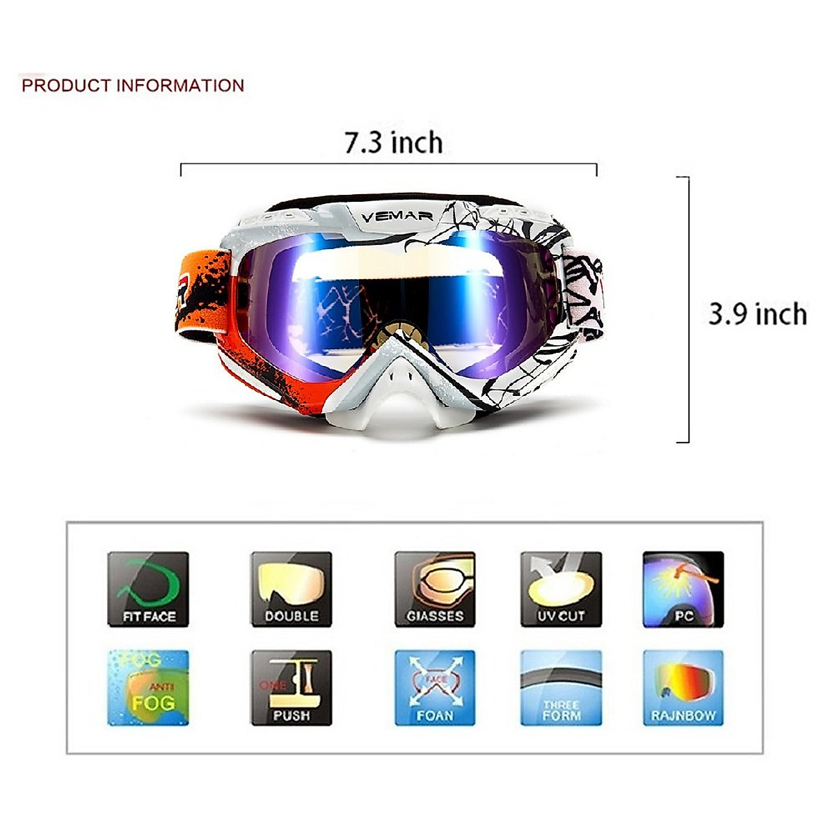 Wonzone Windproof Dustproof Motorcycle Cross Country Sunglasses Snowboard Ski Goggles Adjustable UV Protective Outdoor Glasses Anti-Fog Eyewear Combat Skiing Snow Goggles (Blue)