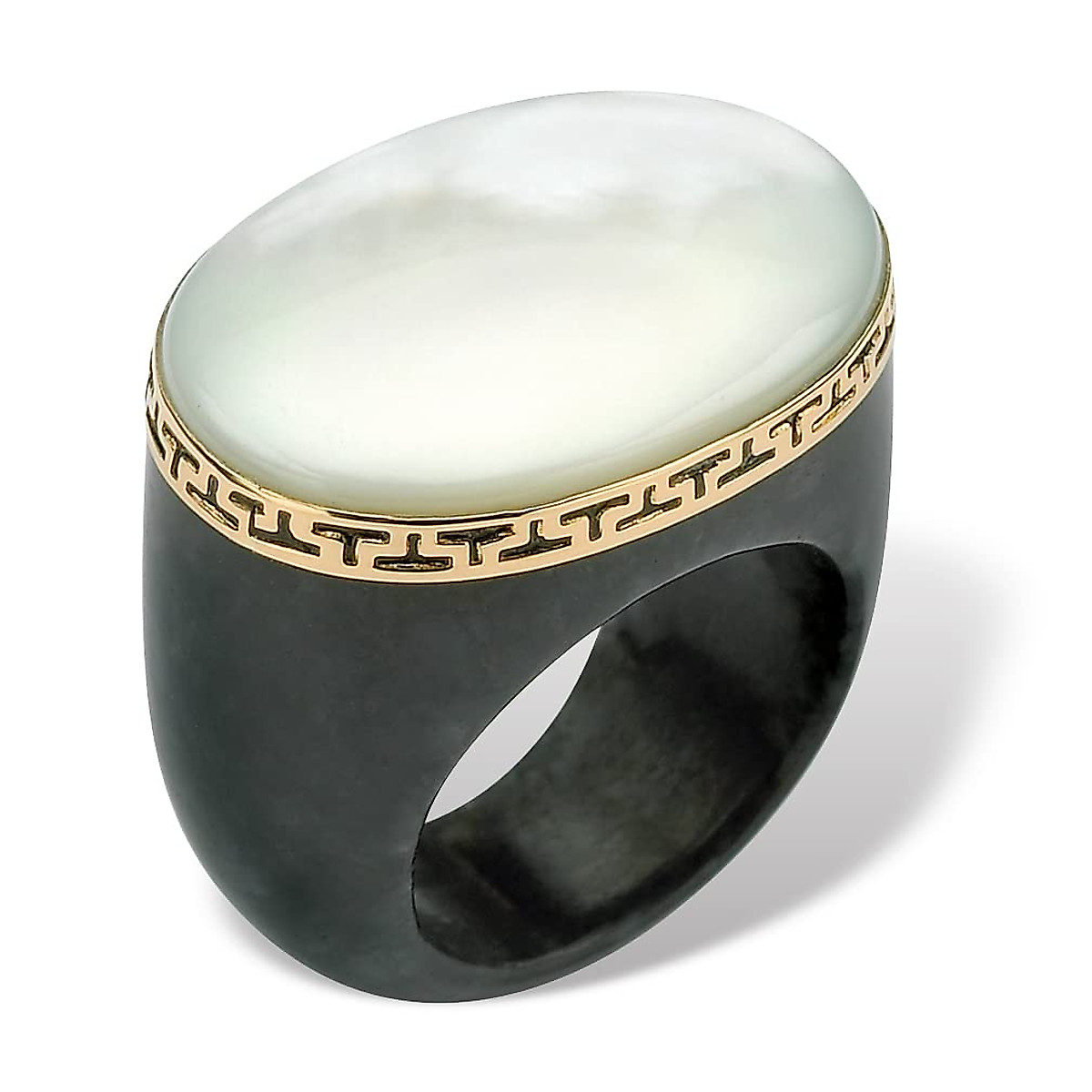 PalmBeach 14K Yellow Gold Oval Shaped Genuine Mother of Pearl and Genuine Charcoal Jade "Greek Key" Ring Sizes 6-10 Size 7