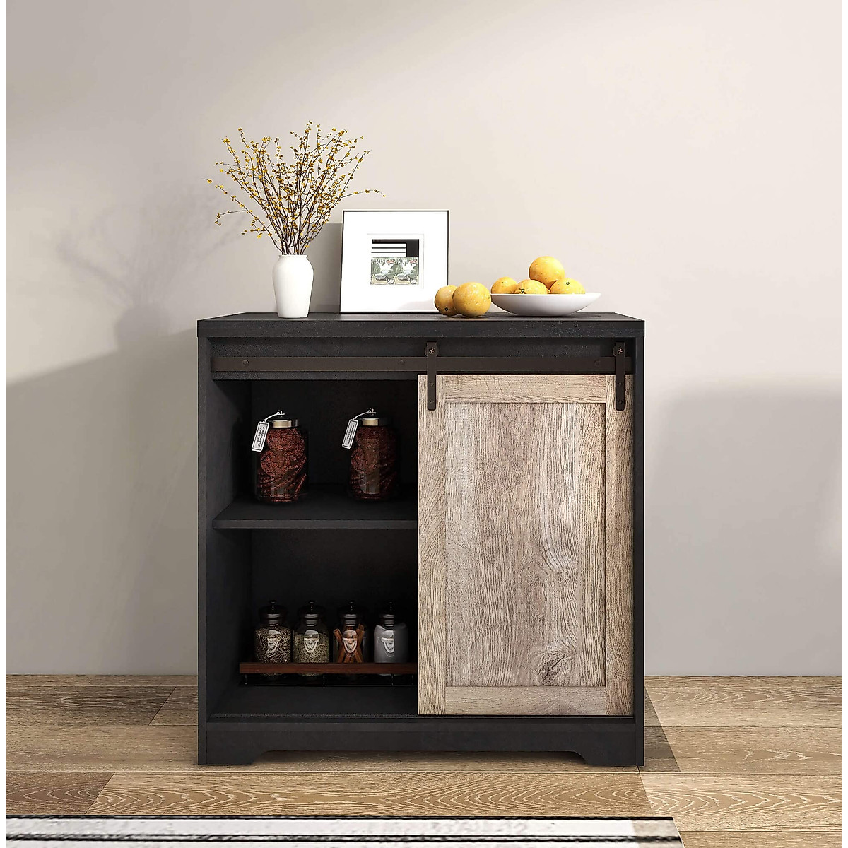 SAINTCY Liquor Cabinet Bar for Home Kitchen Coffee Bar Cabinet with Wine Rack, Sideboard Buffet Cabinet with Storage for Dining Room Wood Farmhouse Sliding Barn Door for Living Room, Entryway