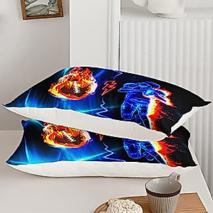 AILONEN Sports Rugby Duvet Cover for Boys Girls 3PCS Twin Size, Flaming Galaxy Rugby Football Bedding Set,Blue and Red Theme Comforter Cover Set,1 Quilt Cover 2 Pillowcases,Perfect for Boys Room