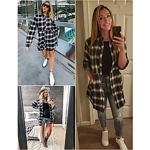 HOTOUCH Womens Flannel Plaid Shirts Roll Up Long Sleeve Pockets Mid-Long Casual Boyfriend Shirts Black and White L