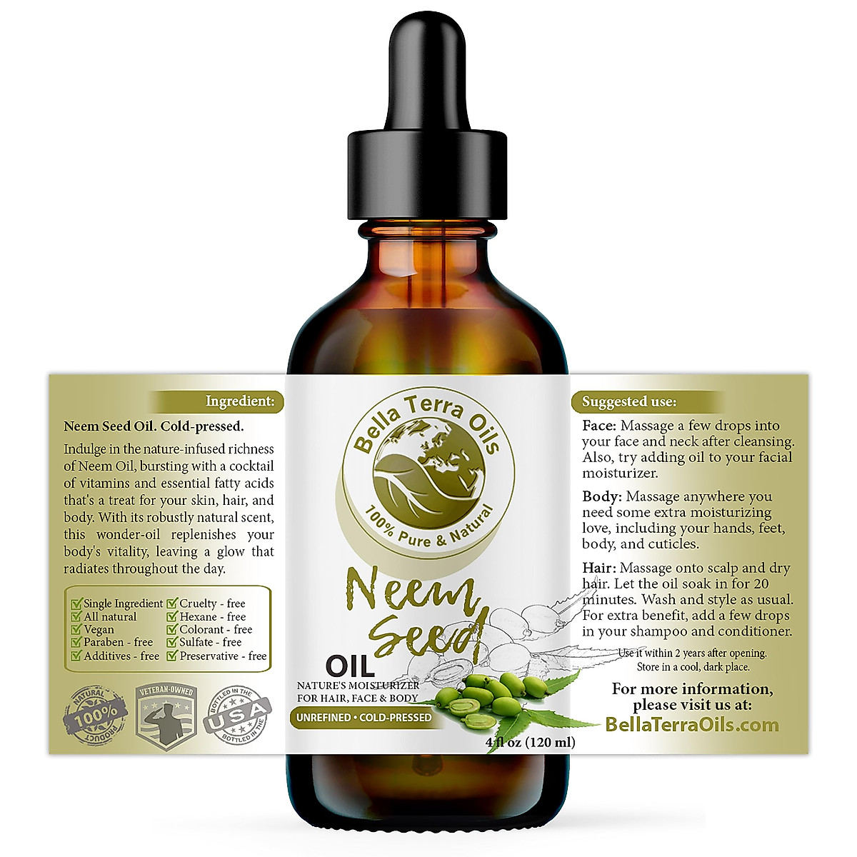 Bella Terra Oils - Organic Neem Seed Oil 4oz - Immerse in the Benefits of Organic Neem, Enriched with Amino Acids & Omega-6, Nourishing Skin Treat