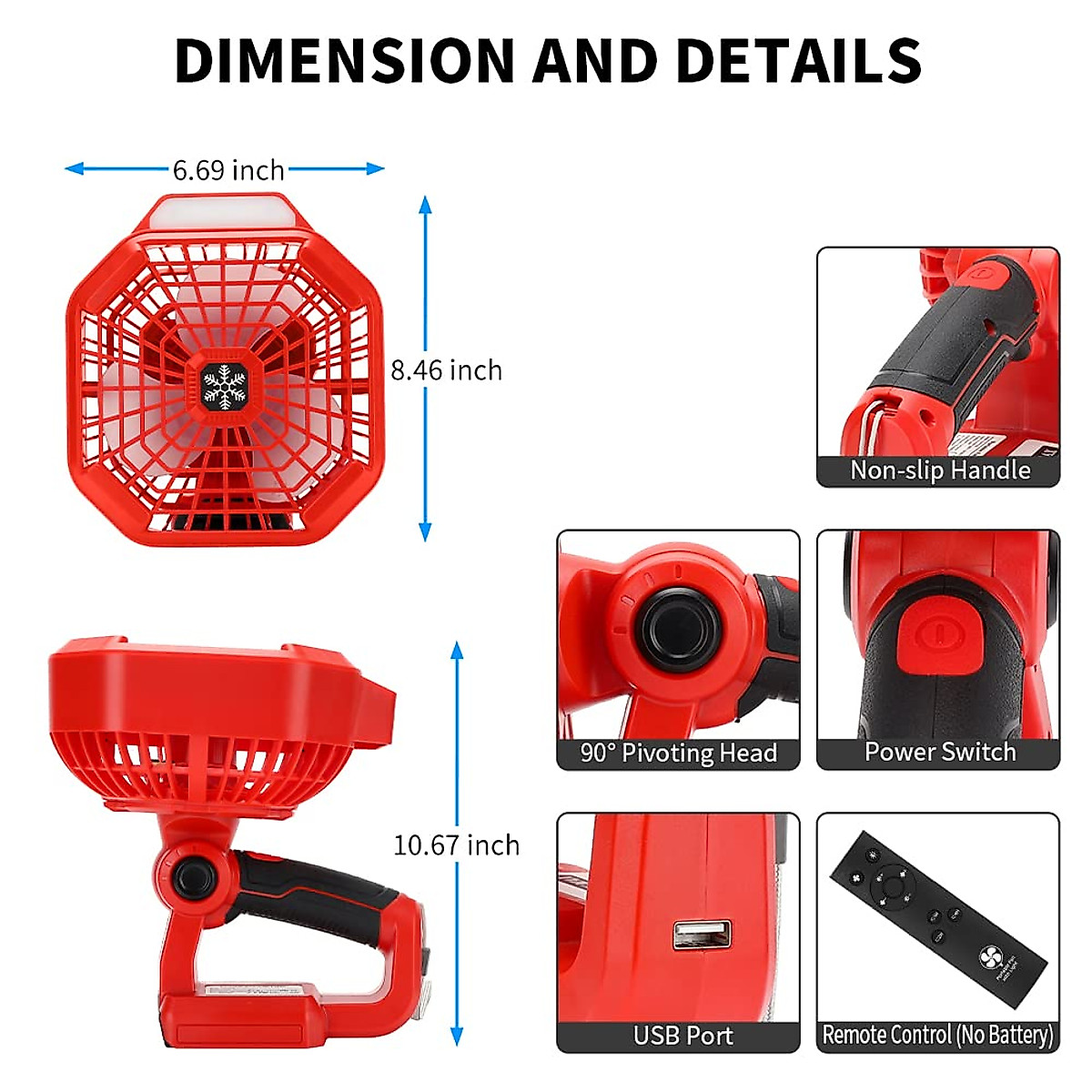 Choerinton Cordless Camping Fan for Milwaukee M18 18V Lithium Battery, Portable Tent Fan with 180LM Lantern,USB Port,3 Speed 3 Brightness Brushless Motor Personal Desk Fan for Car Repair,Picnic