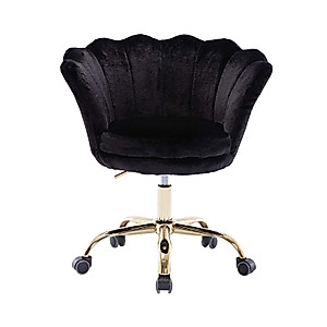 Guyou Faux Fur Home Office Desk Chair Stool Comfy, Swivel Gold Vanity Accent Chair Upholstered Armchair for Living Room/Studio/Make up (Black)