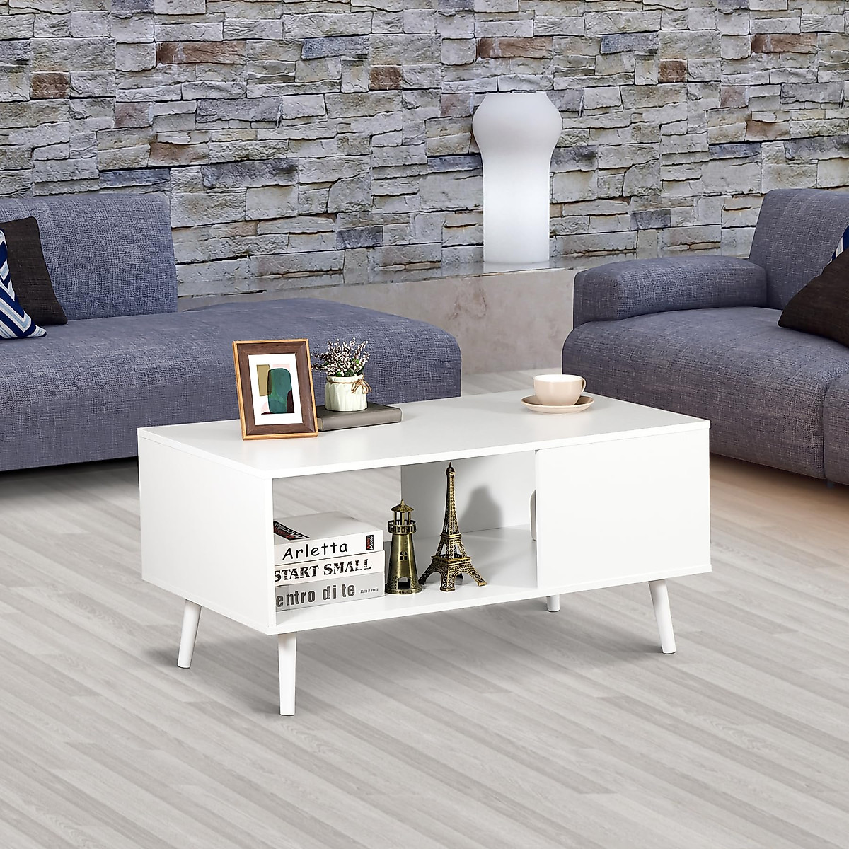 ZenStyle Mid Century Modern Coffee Table, Wooden Retro Coffee Table with Open Storage Shelf for Living Room, Reception, Easy Assembly (White)