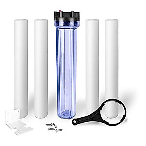 Whole House Water Filter Purifier System, Transparent 20” Housing with Presser Relief Button, 1” Inlet/Outlet & 5 Micron Sediment Water Filter Cartridge with 3 Replacement Filters