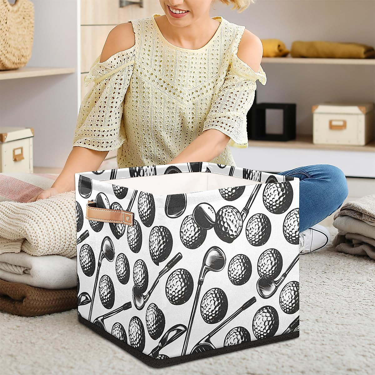 Tablerazzi Golf Ball Golf Sports Game Cube Storage Bin, 13 Inch Collapsible Fabric Storage Cube Bin, Foldable Cube Baskets for Shelf, Closet, Organizer