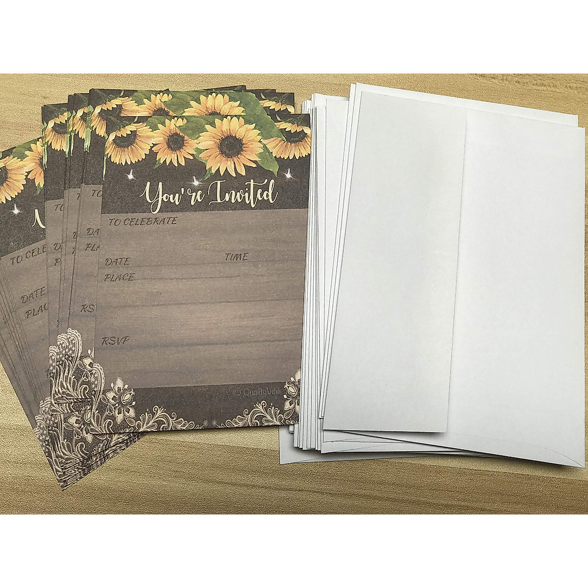 QualityVibe 25 Sunflower, rustic Wood & lace Invitations with 25 Envelopes For Weddings, bridal shower, birthdays, housewarming, retirement, engagements and much more events.