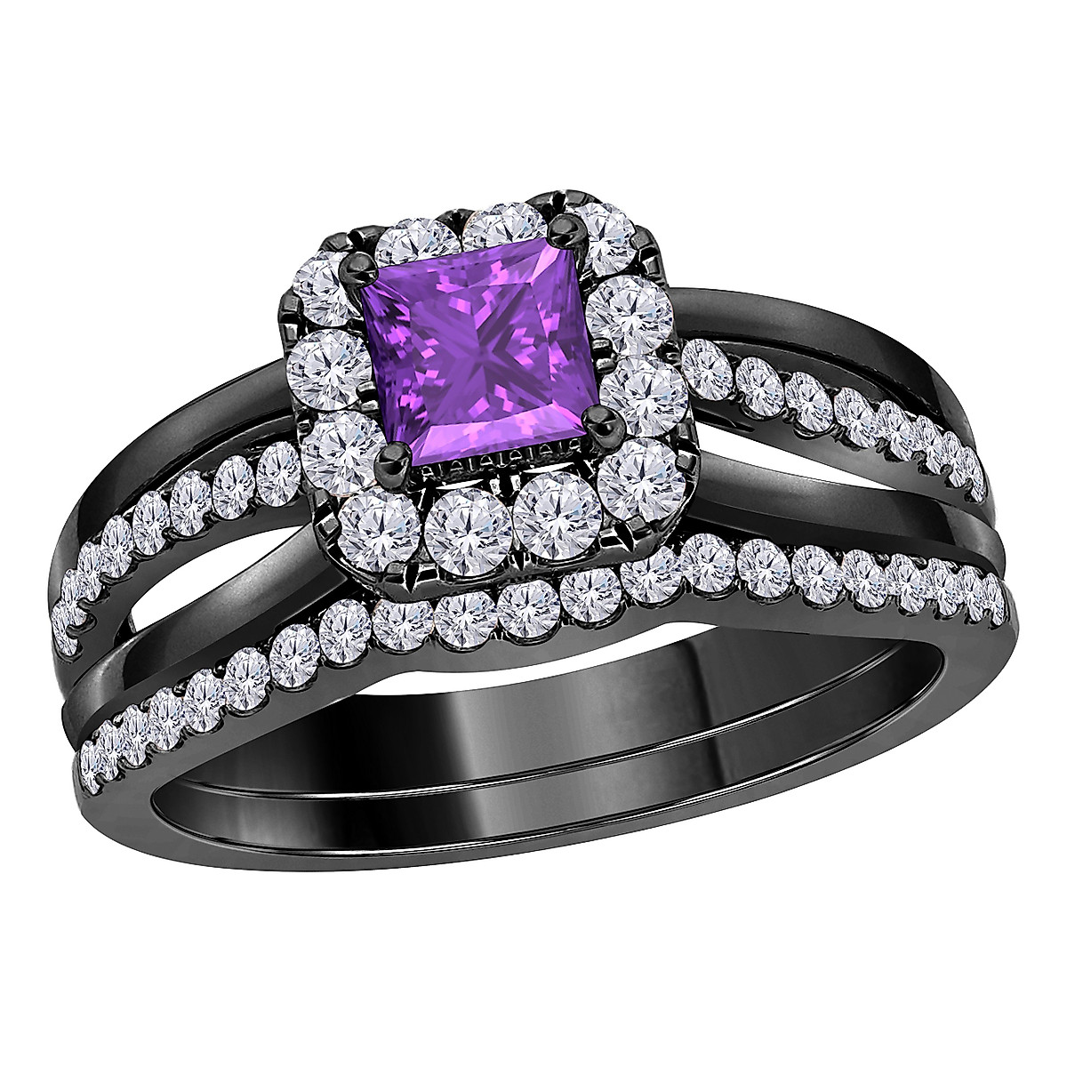 DS Jewels 2.00 CT Princess Cut Created Purple Amethyst 14k Black Gold Rhodium Plated Alloy Split Shank Halo Style Wedding Band Engagement Bridal Ring Set Size 4-12
