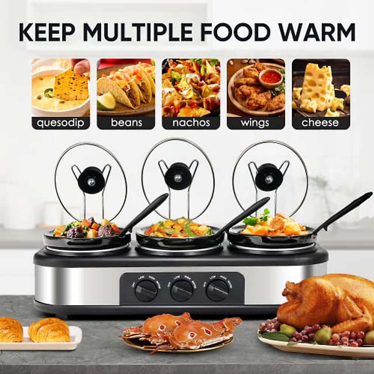 Triple Slow Cooker with Lid Rests, Breakfast Buffet Servers and Warmers with 3 X 1.5Qt, Tempered glass lids & 3 Adjustable Temp, Dishwasher Safe, Stainless Steel