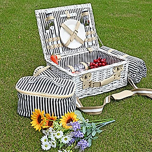 20Pcs Willow Picnic Basket for 2 with Waterproof Blanket/Insulated Cooler/Wine Bag/Cutlery for Camping,Couples,Valentine Day, Wedding Gift