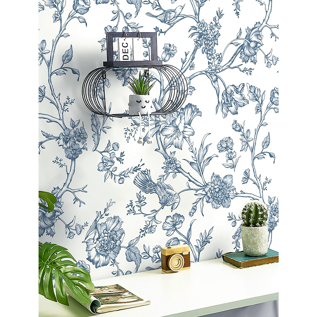 Safiyya Peel and Stick Wallpaper Floral Birds Contact Paper Blue White Wallpaper Peel and Stick Removable Wallpaper Boho Wallpaper Flower Contact Paper for Walls Vinyl Rolls 118"x17.3"