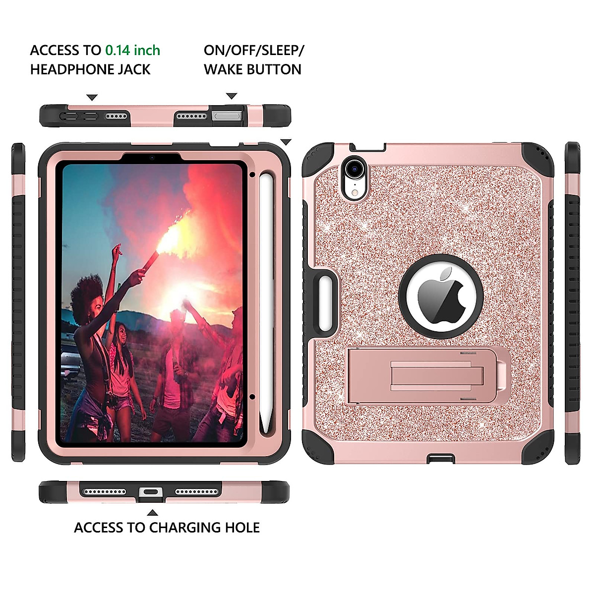 BENTOBEN iPad Mini 6 Case, iPad Mini 6th Generation Case, Glitter Sparkly 3 Layers Shockproof Kickstand with Pencil Holder Protective Kids Girls Women Tablet Cover for iPad Mini 6 2021 8.3", Rose Gold