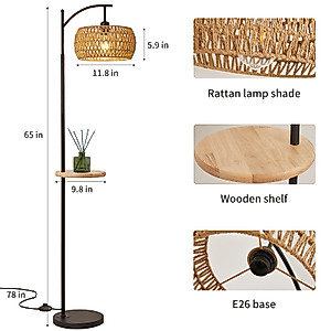 Feohak Boho Floor Lamp, Rattan Floor Lamp with Shelf, Bohemian Bamboo Wicker Coastal Rustic Farmhouse Woven Tropical Wood Tall Standing Lamp with Table for Living Room Bedroom