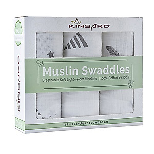 Kinsard Muslin Swaddle Blankets, 100% Cotton Soft and Breathable Swaddling Receiving Blanket, Great For Gift Giving And Baby Shower, Large Baby Swaddles For Easy Wrap, 47 x 47 Inches, (Grey)