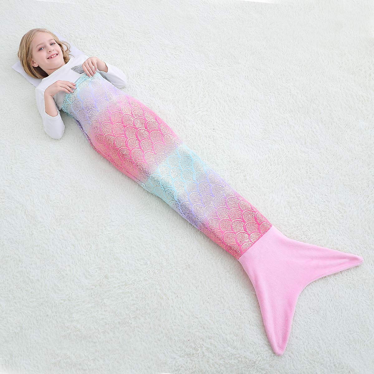 VHOME Kids Mermaid Blanket Gifts - Warm Living Room Sofa Blanket Children Cuddly Blankets for Birthday Gift (K3-Rainbow Pink, Kids 57'' x 24'')