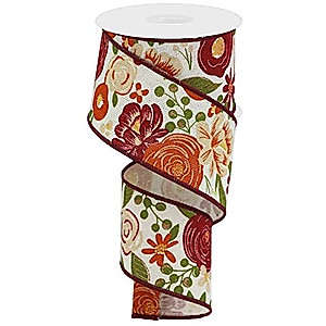 Bold Flower Blooms on Cotton Wired Edge Ribbon, 10 Yards (Burgundy, Rust, Green, Cream, 2.5 Inch)